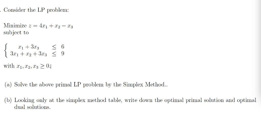 Solved Consider the LP problem: Minimize z = 4x1 + x2-x3 | Chegg.com