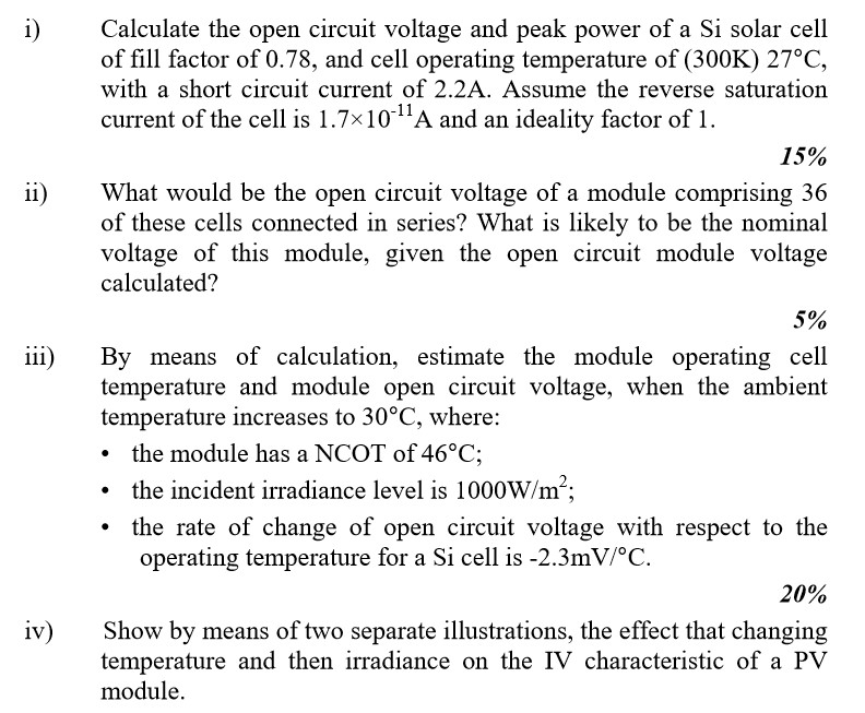 Solved i)Calculate the open circuit voltage and peak power | Chegg.com