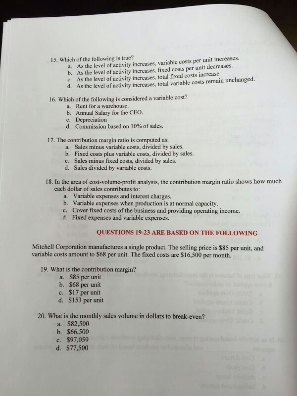 Solved a. As the level of activity increases, variable costs | Chegg.com