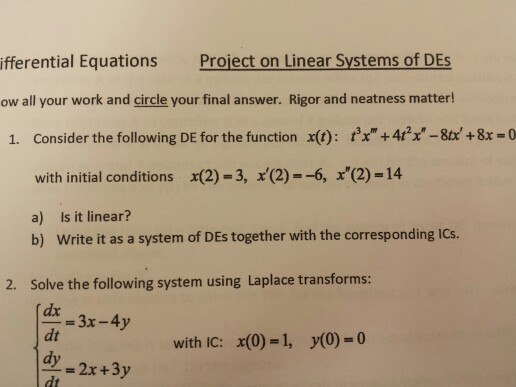 Solved ifferential Equations Project on Linear Systems of | Chegg.com