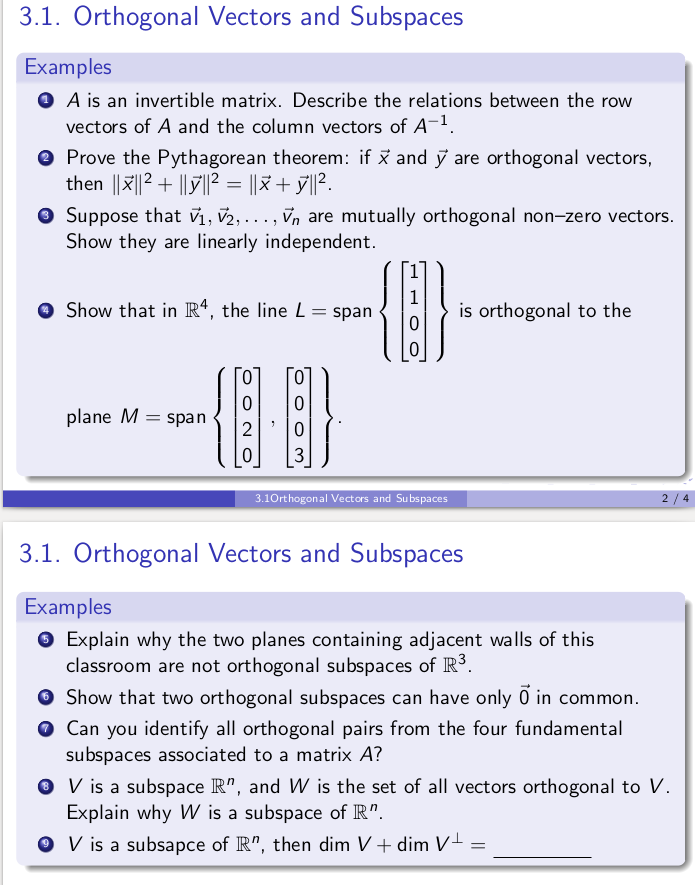 Solved 3.1. Orthogonal Vectors and Subspaces Examples A is | Chegg.com