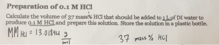 Solved: Preparation Of 0.1 M HCl Calculate The Volume Of 3... | Chegg.com