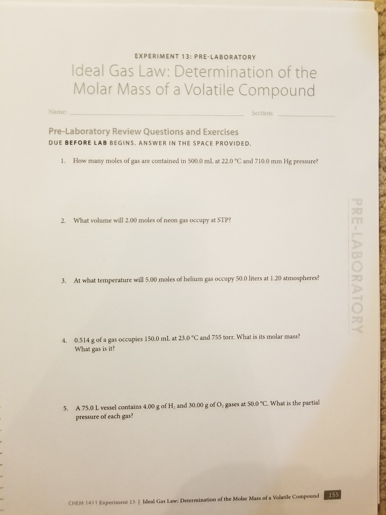 Solved EXPERIMENT 13: PRE-LABORATORY Ideal Gas Law: | Chegg.com