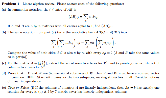 Solved Linear algebra review. Please answer each of the | Chegg.com