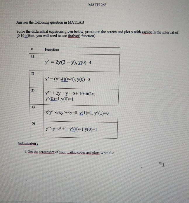 Solved MATH 263 Answer the following question in MATLAB | Chegg.com