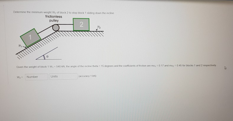 Solved Determine the minimum weight W2 of block 2 to stop | Chegg.com