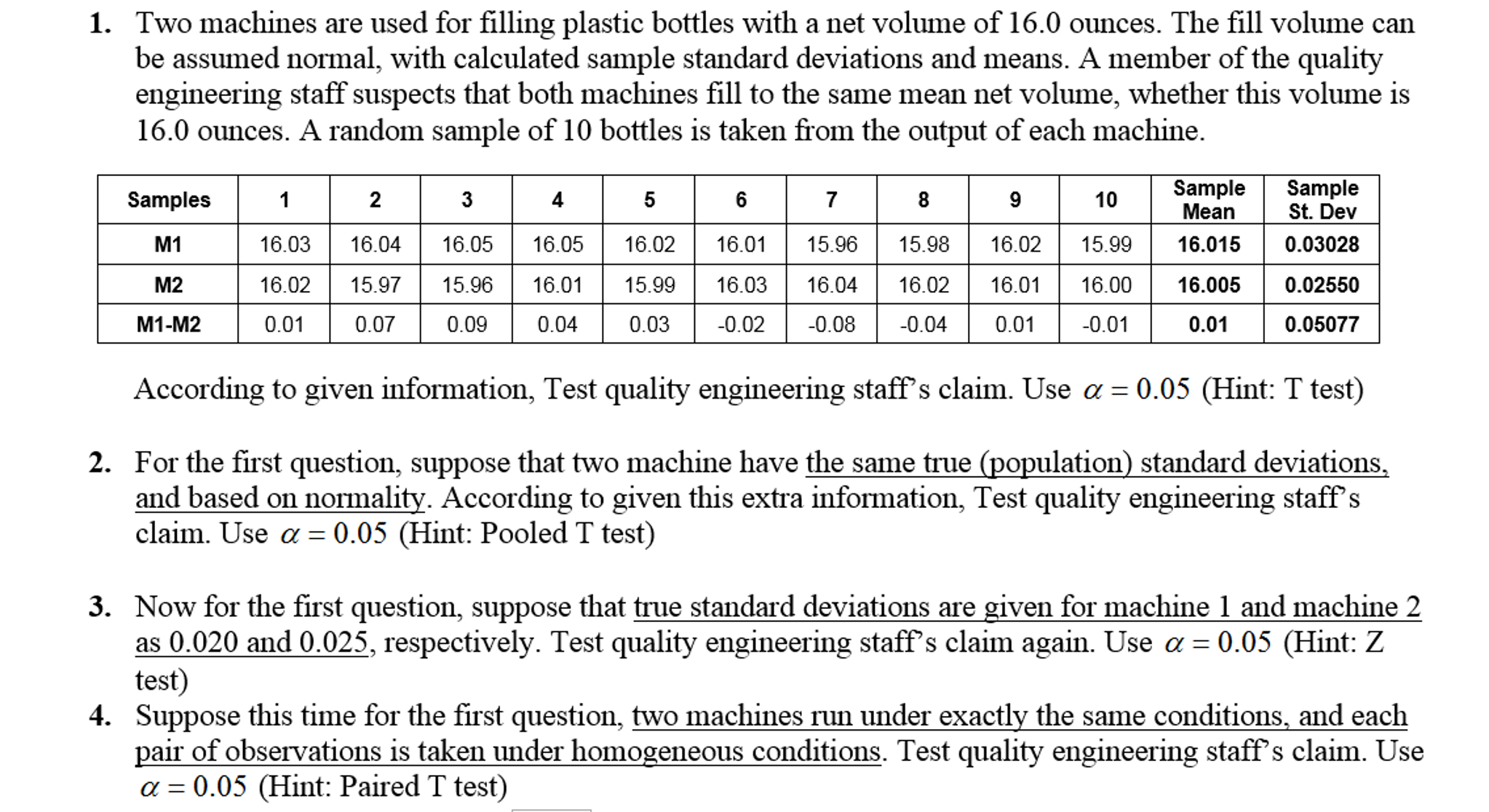 Solved Two machines are used for filling plastic bottles | Chegg.com