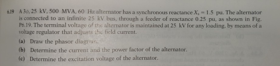 Solved 6.19 A 30, 25 kV, 500 MVA, 60 Hz alternator has a | Chegg.com