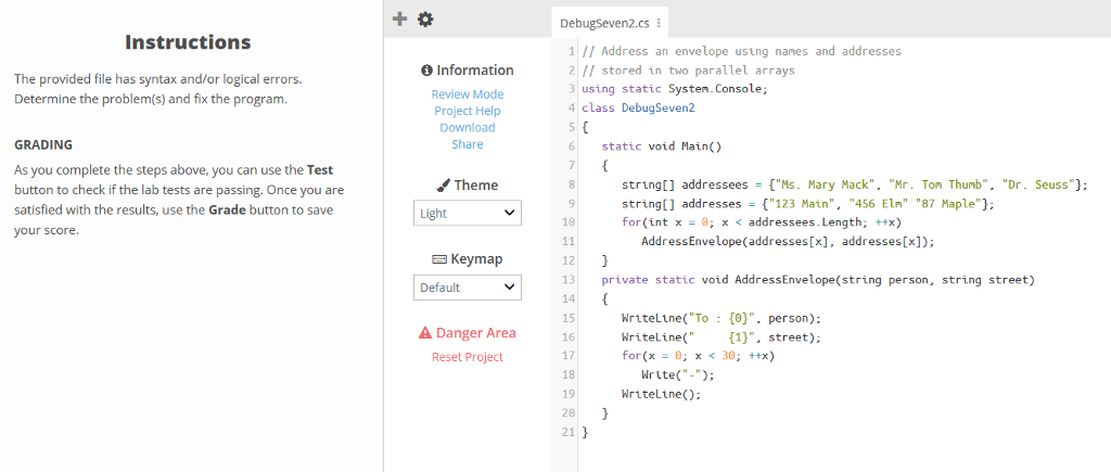Solved + a DebugSeven2.cs Instructions 1/I Address an | Chegg.com