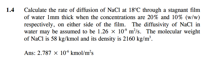 Solved Calculate the rate of diffusion of NaCl at 18°C | Chegg.com