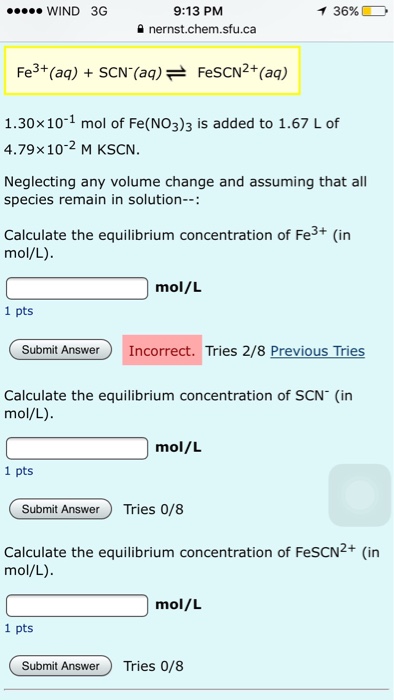 Solved Fe^3+(aq) + SCN^-(aq) chemical equilibrium | Chegg.com