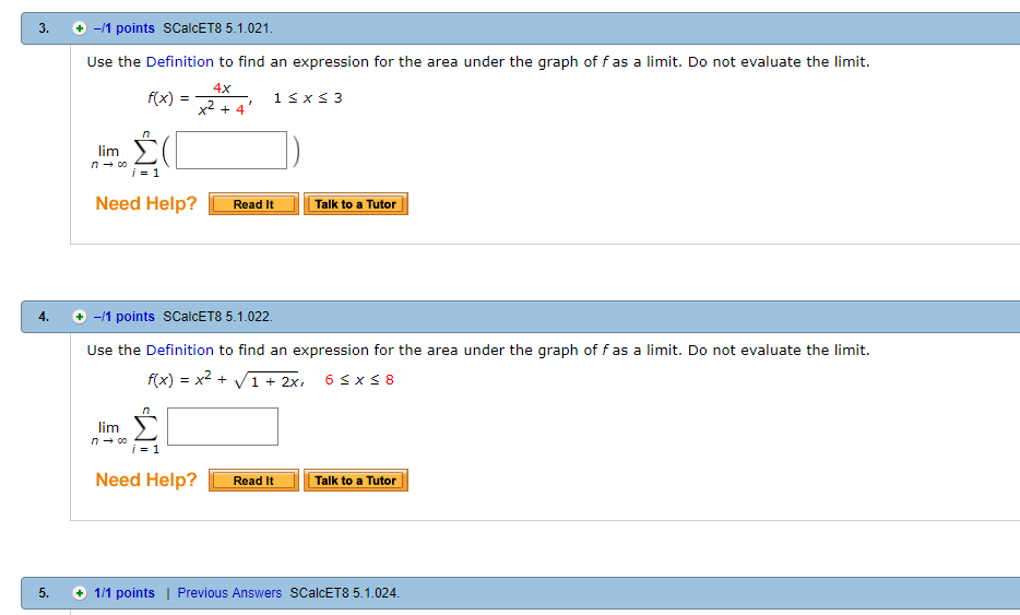Solved 3. 1 points SCalcET8 5.1.021 Use the Definition to | Chegg.com