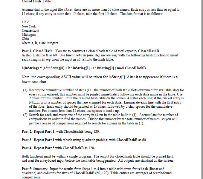 Closed Hash Table Assume that in the input file | Chegg.com
