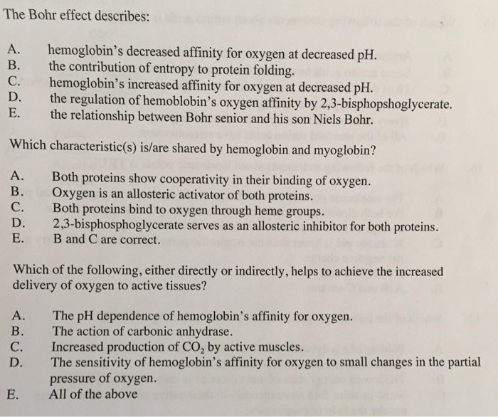 Solved The Bohr effect describes: hemoglobin's decreased | Chegg.com