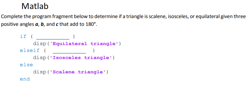 Solved Matlab Complete the program fragment below to | Chegg.com