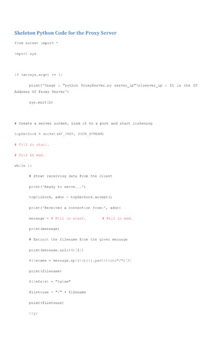 Skeleton Python Code For The Proxy Server From Socket