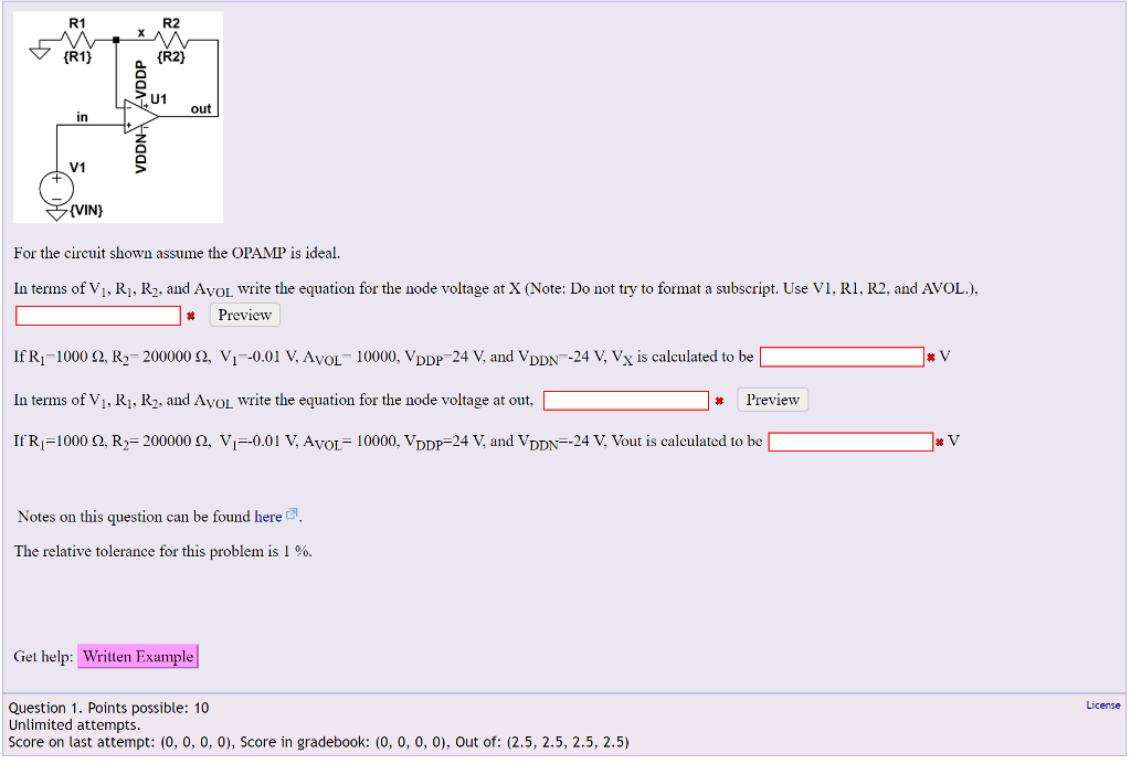 Solved R1 R2 (R1) a (R2) U1 out in V1 (VIN) For the circuit | Chegg.com