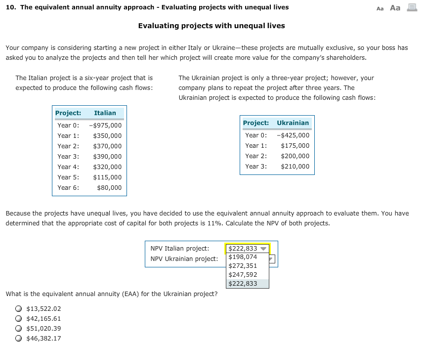 Solved 10. The equivalent annual annuity approach Evaluating | Chegg.com