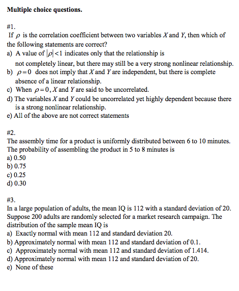 Solved Multiple choice questions. #1 If ρ is the correlation | Chegg.com