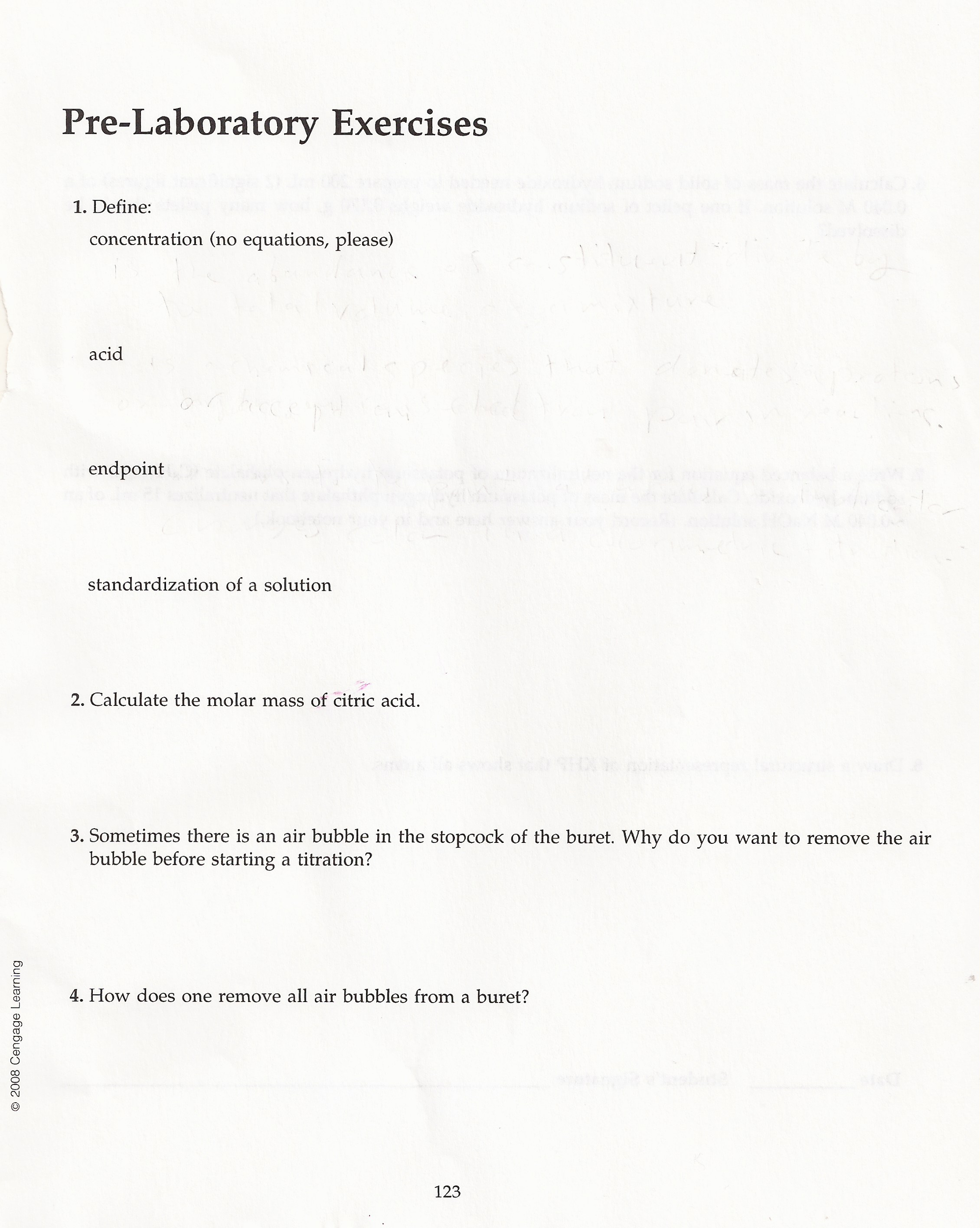 Solved Pre-Laboratory Exercises 1. Define: concentration (no | Chegg.com