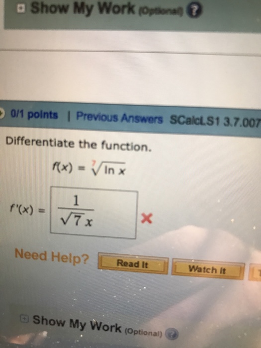 Solved Differentiate the function. f(x) = Squareroot 7 ln x | Chegg.com