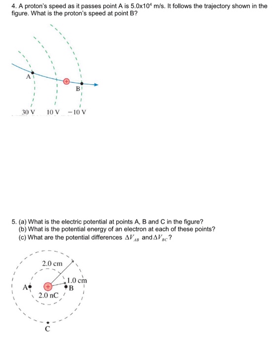 Solved 4. A proton's speed as it passes point A is 50 x 10^4 | Chegg.com