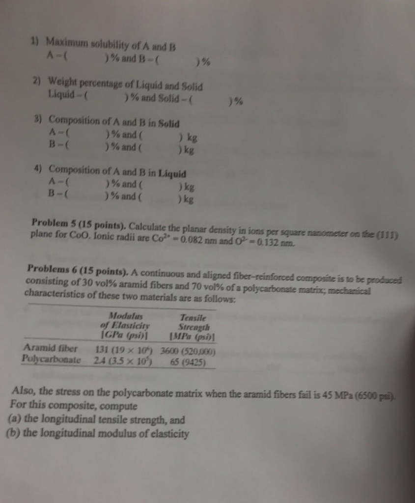 Solved 1) Maximum solubility of A and B )%and B-( Weight | Chegg.com