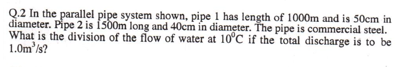 Solved Q.2 In the parallel pipe system shown, pipe 1 has | Chegg.com
