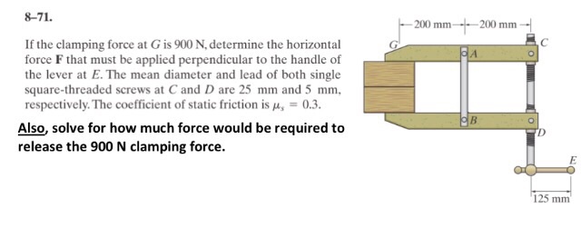 If the clamping force at G is 900 N, determine the | Chegg.com