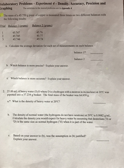 Solved relaboratory Problems Experiment 4 Density, Accuracy, | Chegg.com