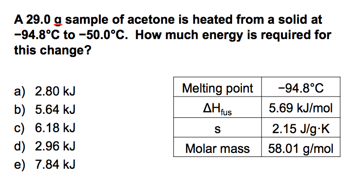 Solved A 29.0 g sample of acetone is heated from a solid at | Chegg.com