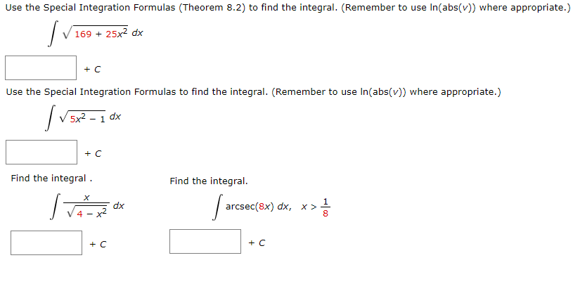 Solved Use the Special Integration Formulas (Theorem 8.2) to | Chegg.com
