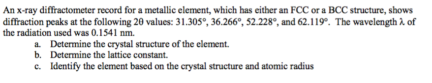 Solved An x-ray diffractometer record for a metallic | Chegg.com