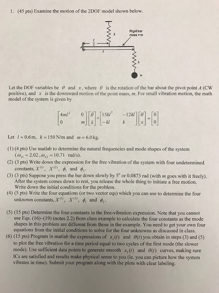 Solved Examine The Motion Of The 2dof Model Shown Below