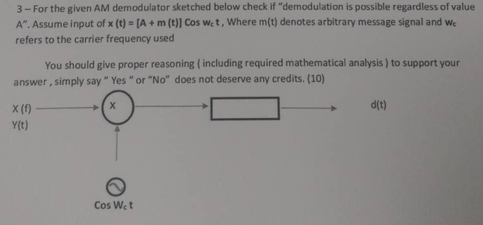 Solved 3-For the given AM demodulator sketched below check | Chegg.com