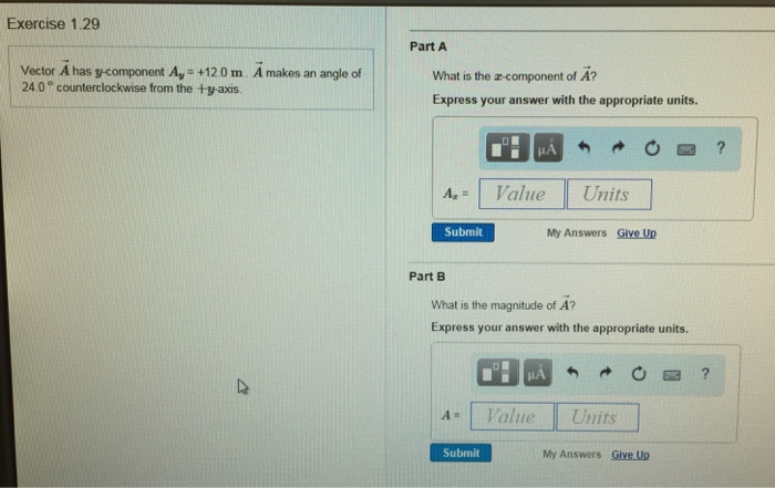 Solved Exercise 1.29 Part A Vector A has y-component Ay | Chegg.com