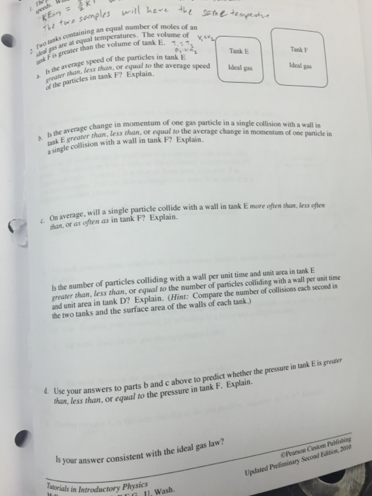 Solved Two tanks containing an equal number of moles of an | Chegg.com