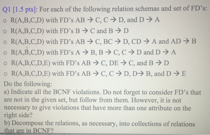 Solved For each of the following relation schemas and set of | Chegg.com