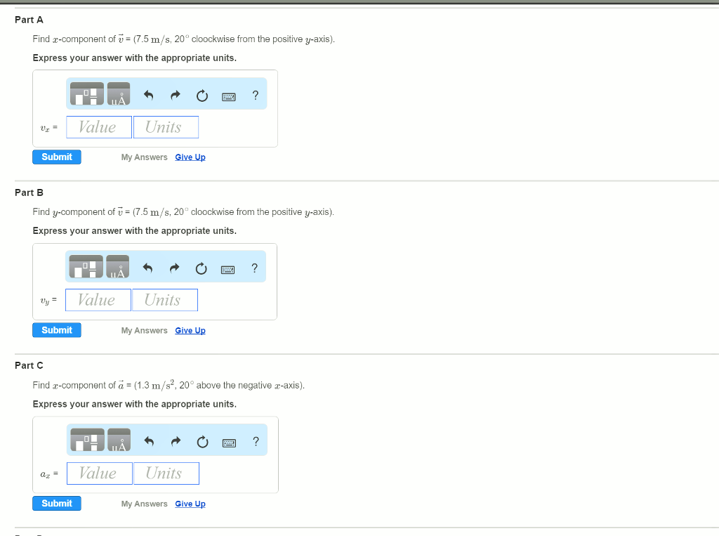 Solved Find x-component of v = (7.5 m/s, 20 degree clockwise | Chegg.com