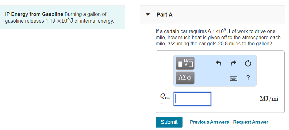 Solved IP Energy from Gasoline Burning a gallon of gasoline | Chegg.com