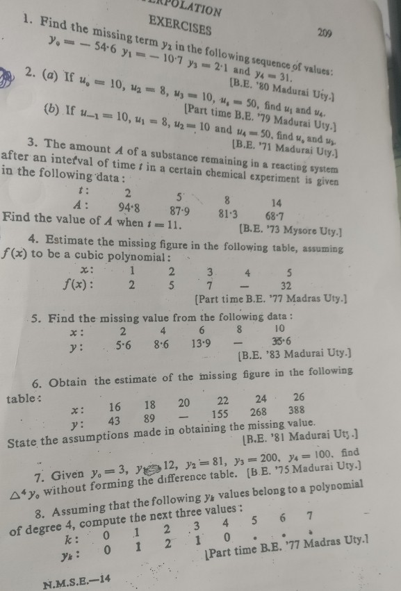 Solved POLATION 1. Find the missing term y2 in the following | Chegg.com