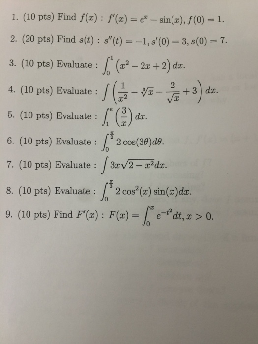 Solved Find f(x): f'(x) = e^x - sin(x),f(0) = 1.2. Find | Chegg.com