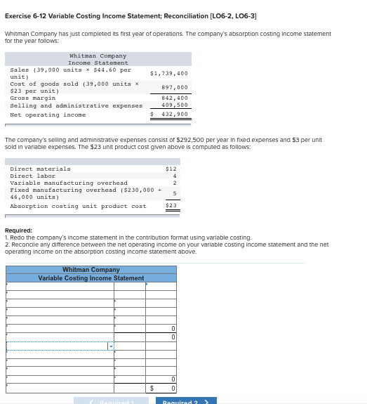 Solved Exercise 6-12 Variable Costing Income Statement: | Chegg.com