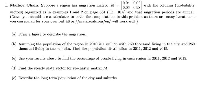 Solved Markov Chain: Suppose a region has migration matrix M | Chegg.com