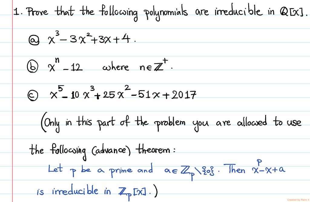 Solved Prove that the following polynomials are irreducible | Chegg.com