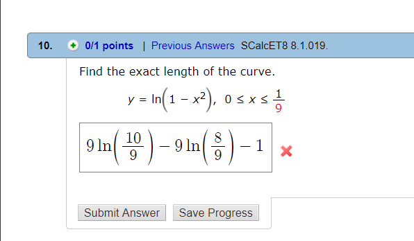 Solved 10. 0/1 points | Previous Answers SCalcET8 8.1.019. | Chegg.com