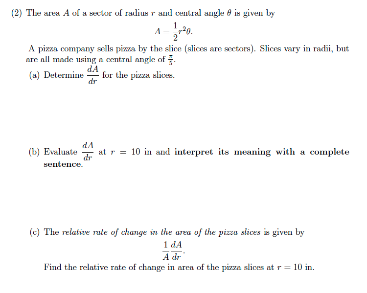 Solved (2) The area A of a sector of radius r and central | Chegg.com