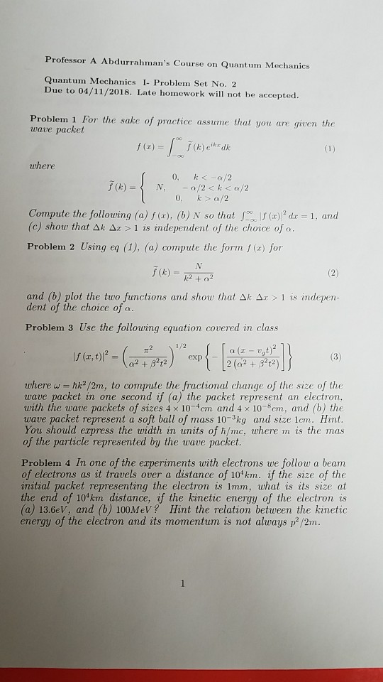 Solved Professor A Abdurrahman's Course on Quantum Mechanics | Chegg.com