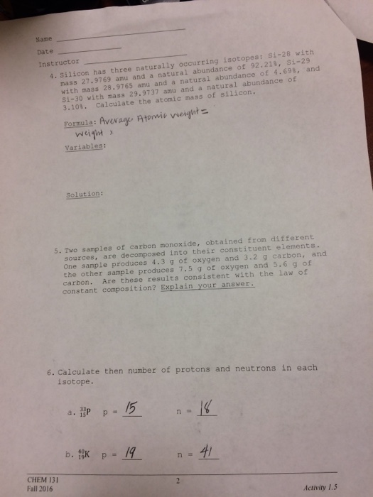 Solved Name Date isotopes: Si-28 with Instructor naturally | Chegg.com