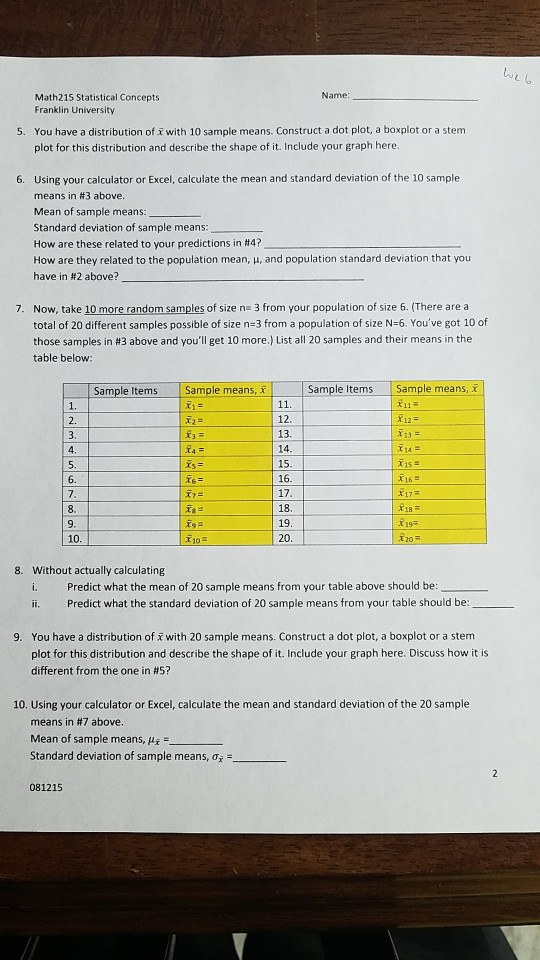 Solved Name Math215 Statistical Concepts Franklin University | Chegg.com
